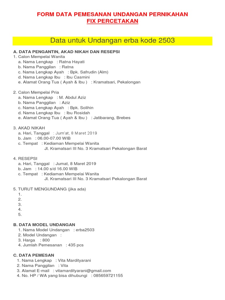 Form Data Pemesanan Undangan Pernikahan | PDF