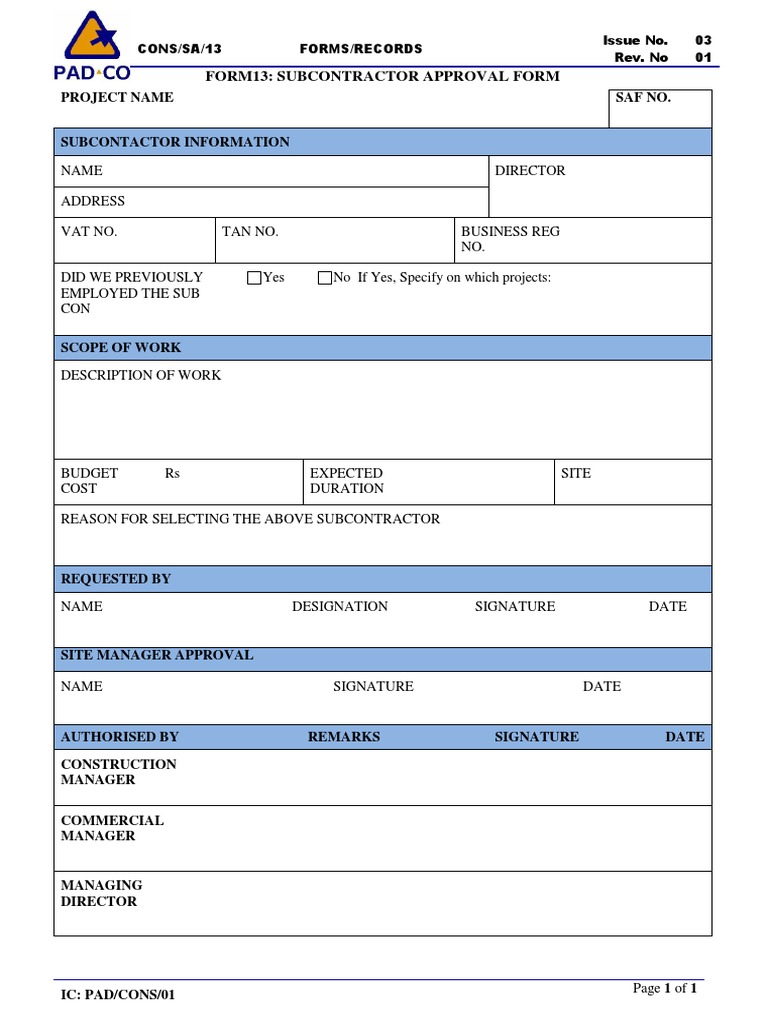 13.0 Sub Contractor Approval Form | PDF