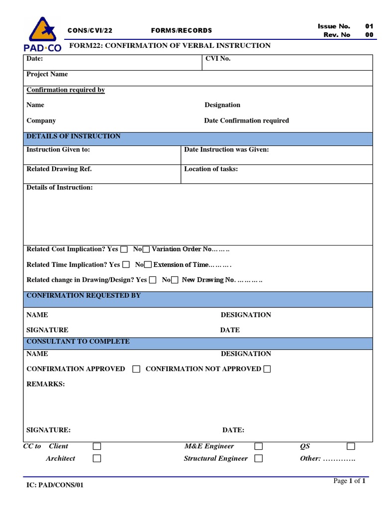 Form22: Confirmation of Verbal Instruction: Cons/Cvi/22 Forms/Records ...