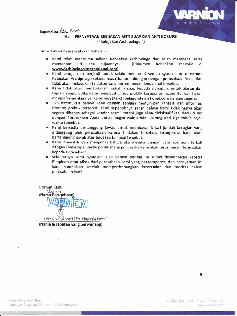 Surat Penyataan Kebijakan Anti Suap Dan Anti Korupsi | PDF