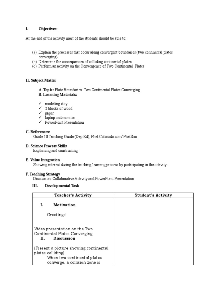 Sci.10 Lesson Plan Two Continental Plates Converging | PDF | Plate ...