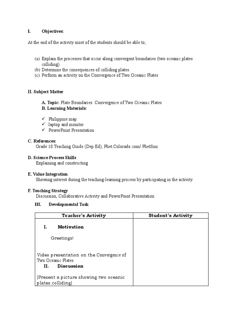 Sci.10 Lesson Plan Collision of Convergent Plate Boundaries | PDF ...