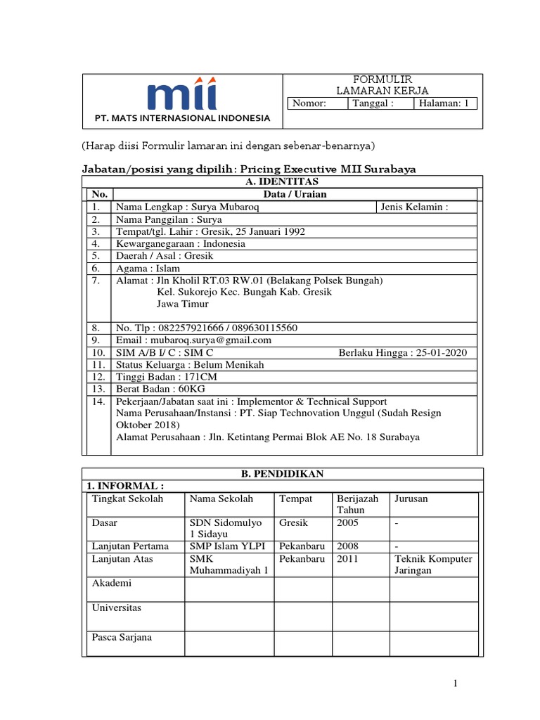 Form Lamaran Kerja PT - Mii | PDF
