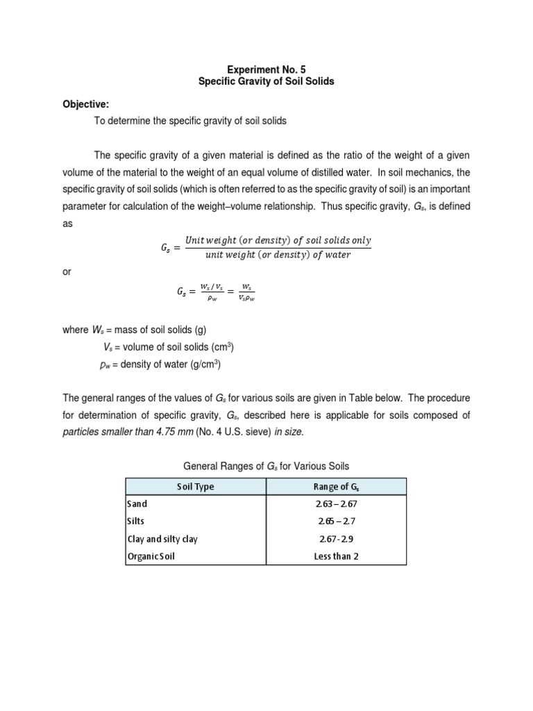 Experiment No. 5 Specific Gravity of Soil Solids Objective | Download ...