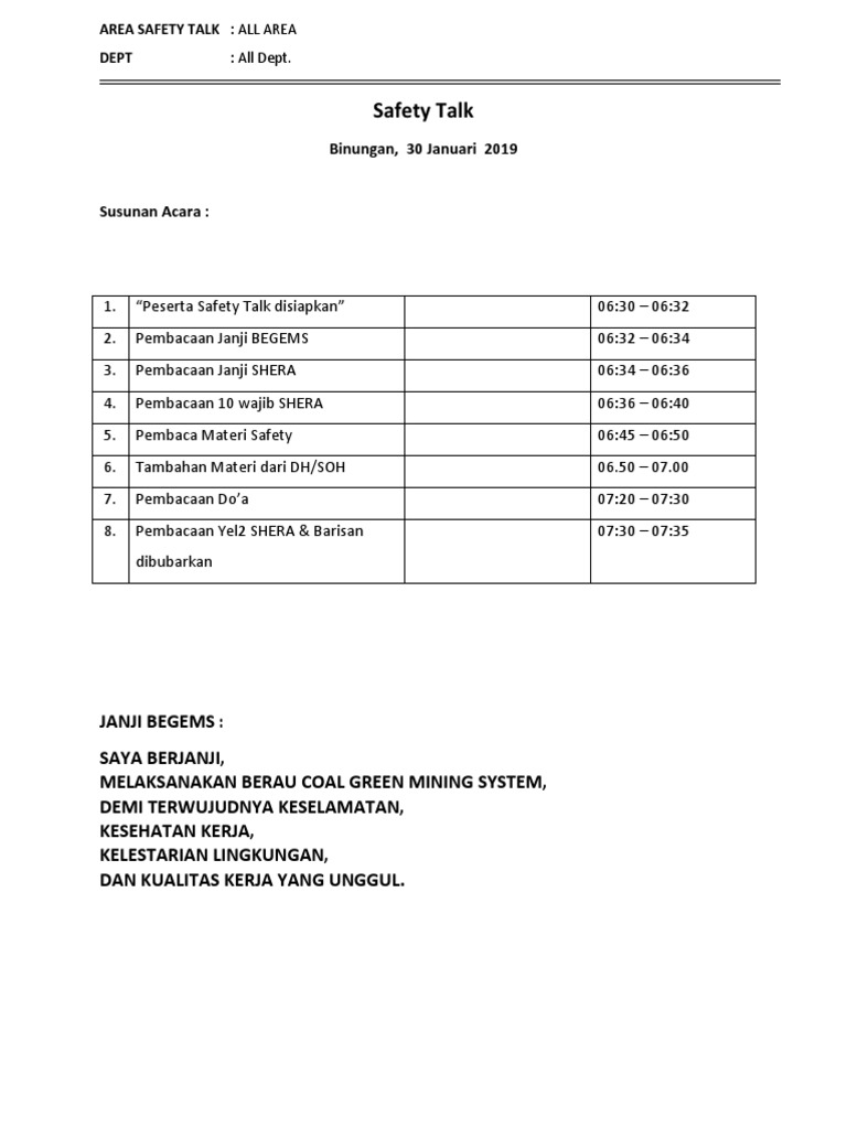 Susunan Safety Talk | PDF