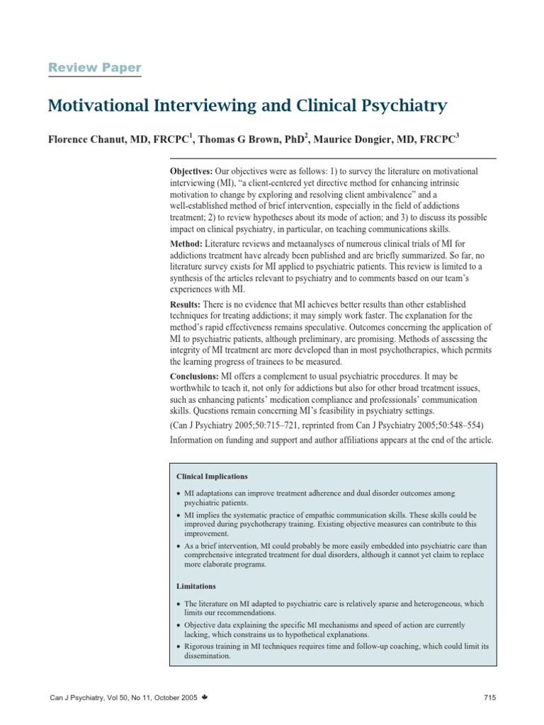 Motivational Interviewing and Clinical Psychiatry: Review Paper | PDF ...