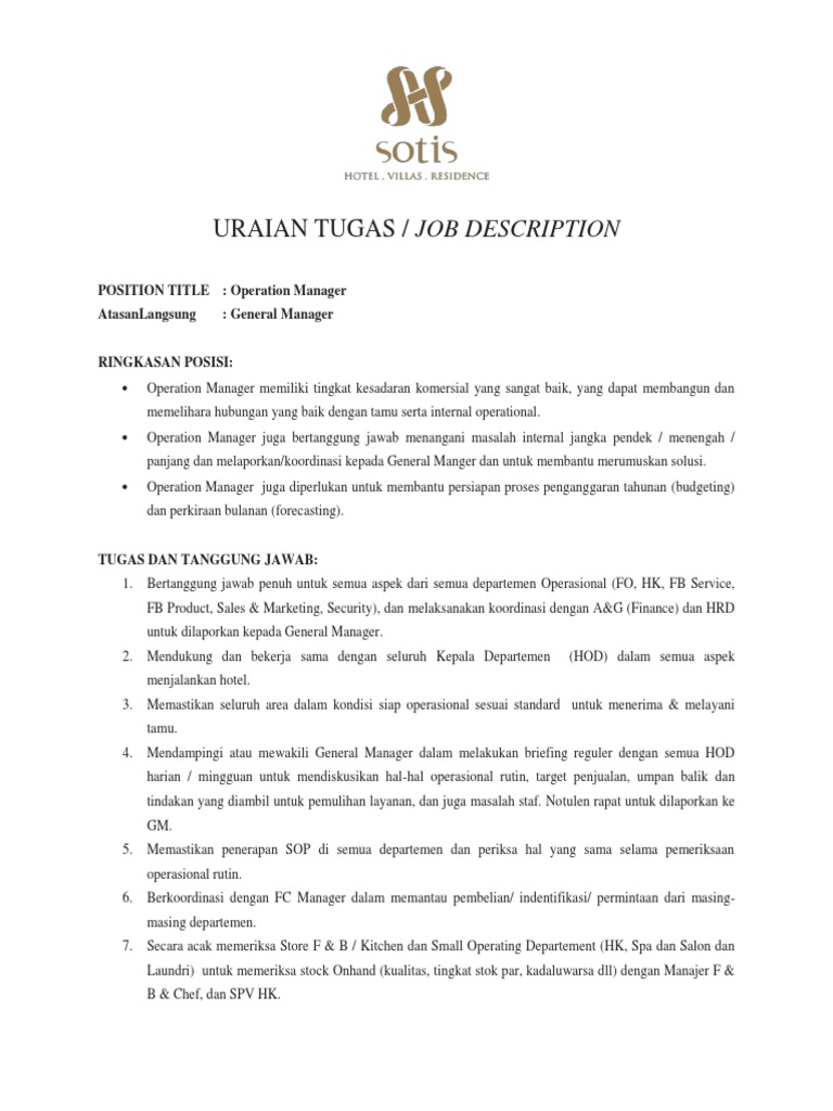 Operational Manager - Job Description | PDF