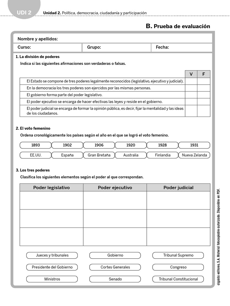 Actividades sobre los tres poderes 4º año | PDF | Separación de poderes ...