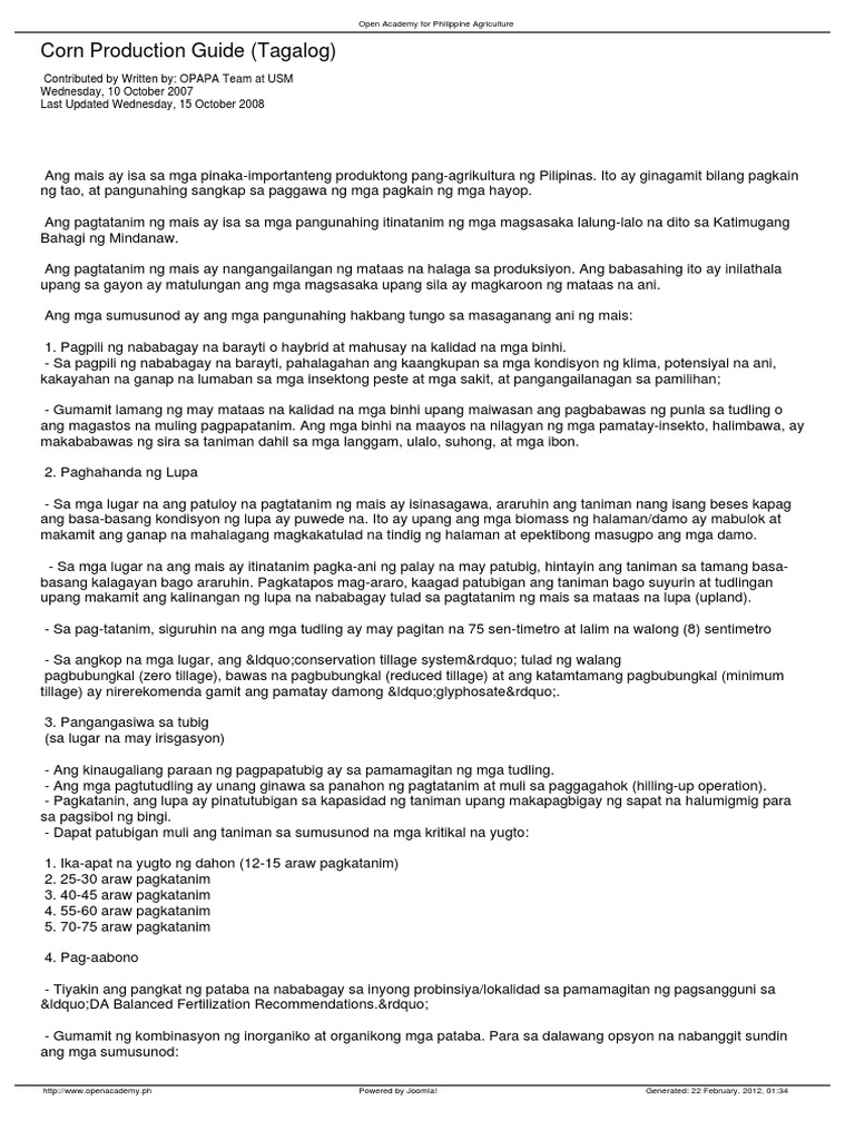 Corn Production Guide - Tagalog | PDF