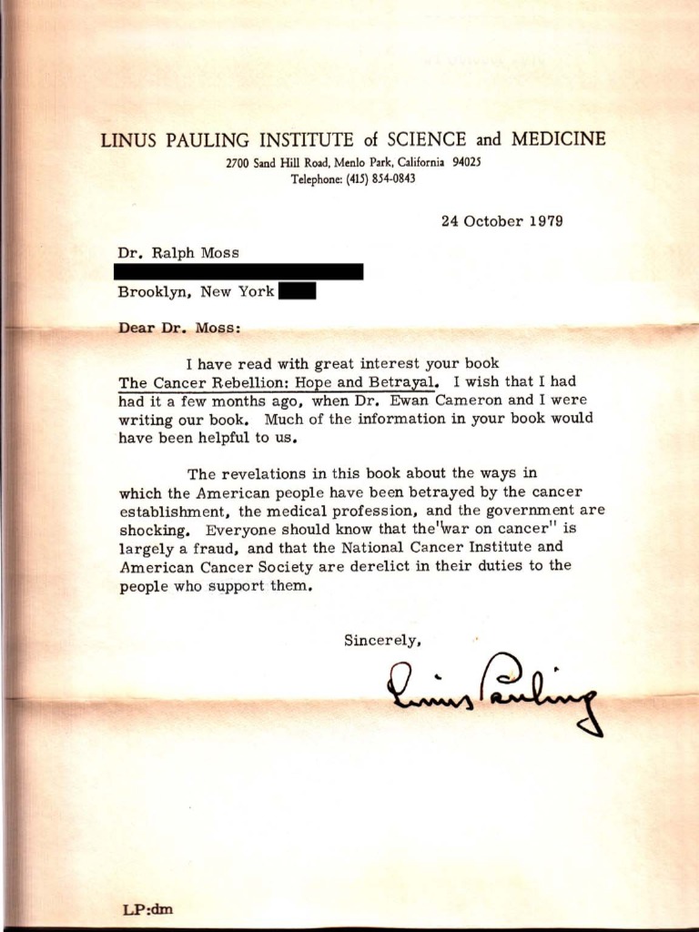 October 24, 1979 Letter To Ralph W. Moss, PHD From Linus Pauling | PDF