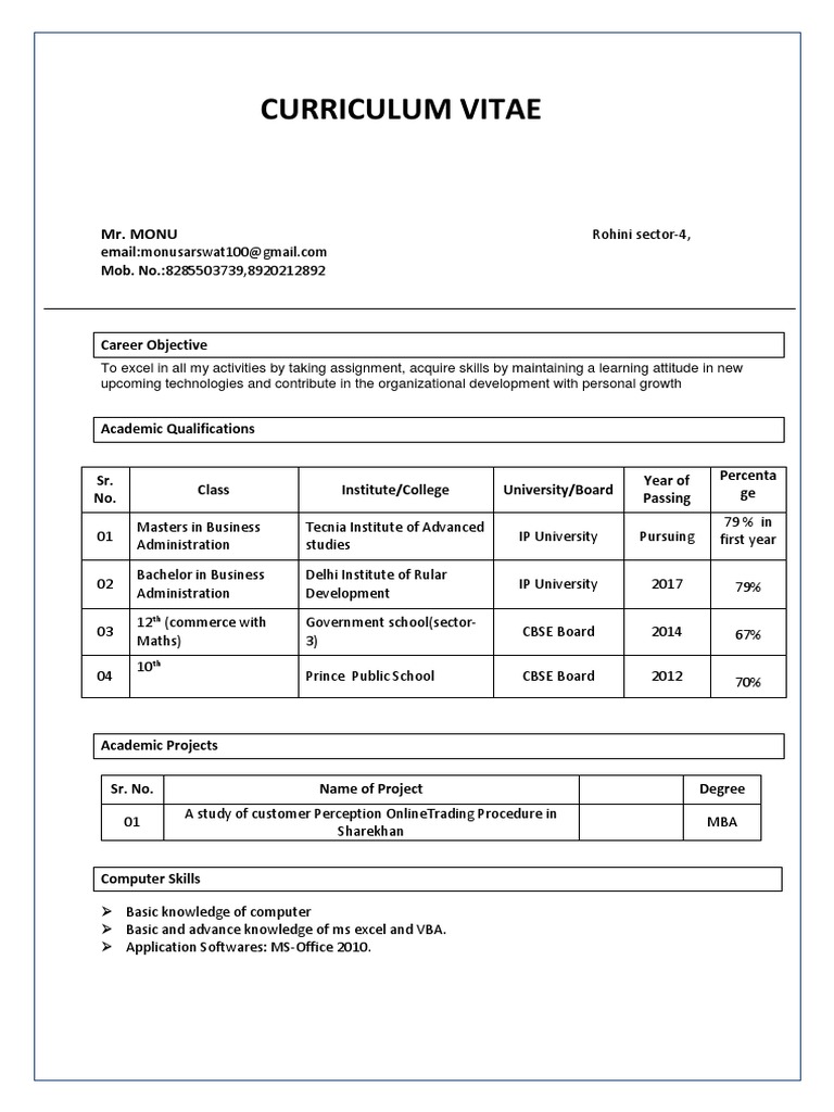 Curriculum Vitae: Mr. Monu | PDF | Master Of Business Administration | Microsoft Excel