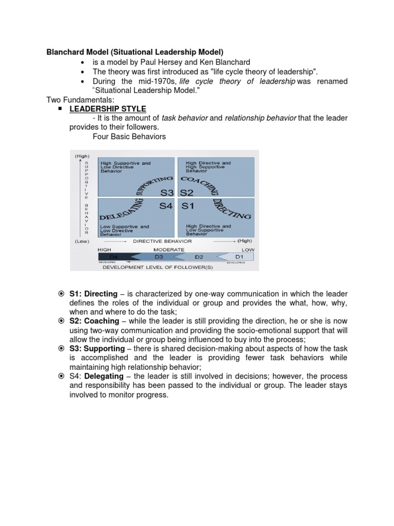 Blanchard Model (Situational Leadership Model) | PDF | Leadership ...