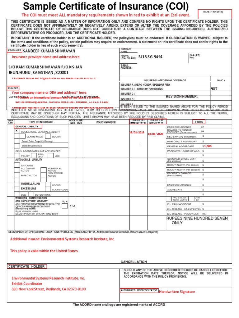 Sample Coi India | PDF