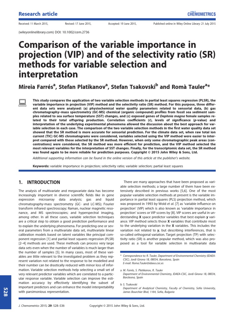 Comparison of The Variable Importance in Projection VIP | PDF ...