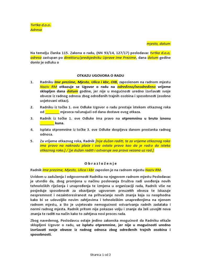 Otkaz - Osobno Uvjetovani - Špranca | PDF