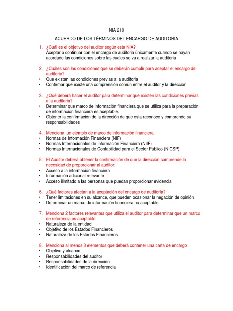 NIA 210 Cuestionario | PDF | Auditoría | normas internacionales de ...