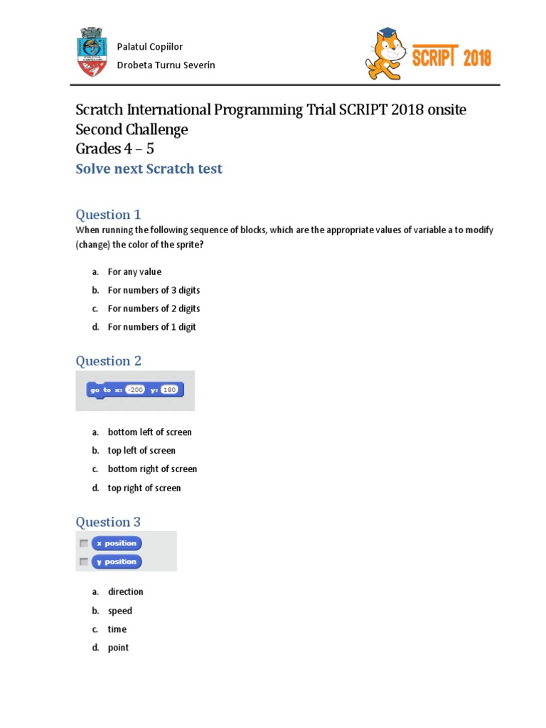 Scratch International Programming Trial SCRIPT 2018 Onsite Second Challenge Grades 4 - 5 | PDF ...