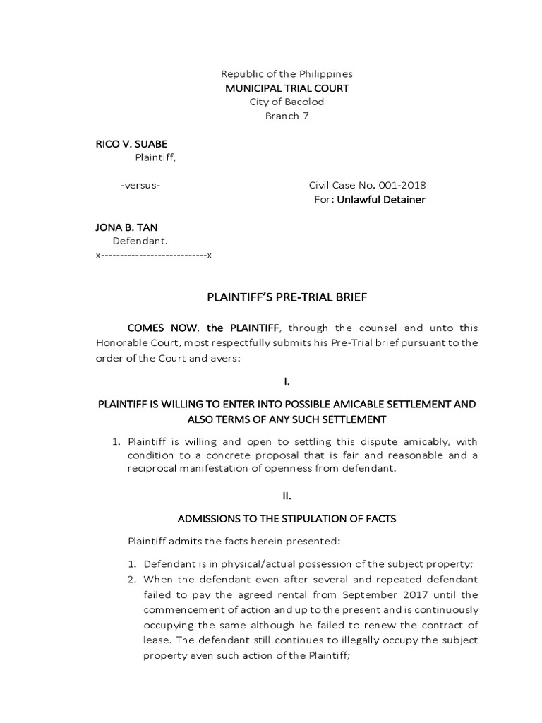 Pre Trial Brief | PDF | Lawsuit | Legal Concepts