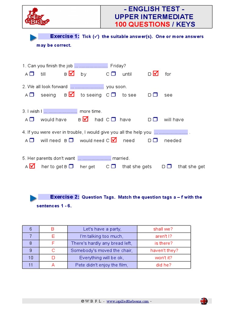 Exercises Tests Upper Intermediate Keys | PDF | Linguistics | Grammar
