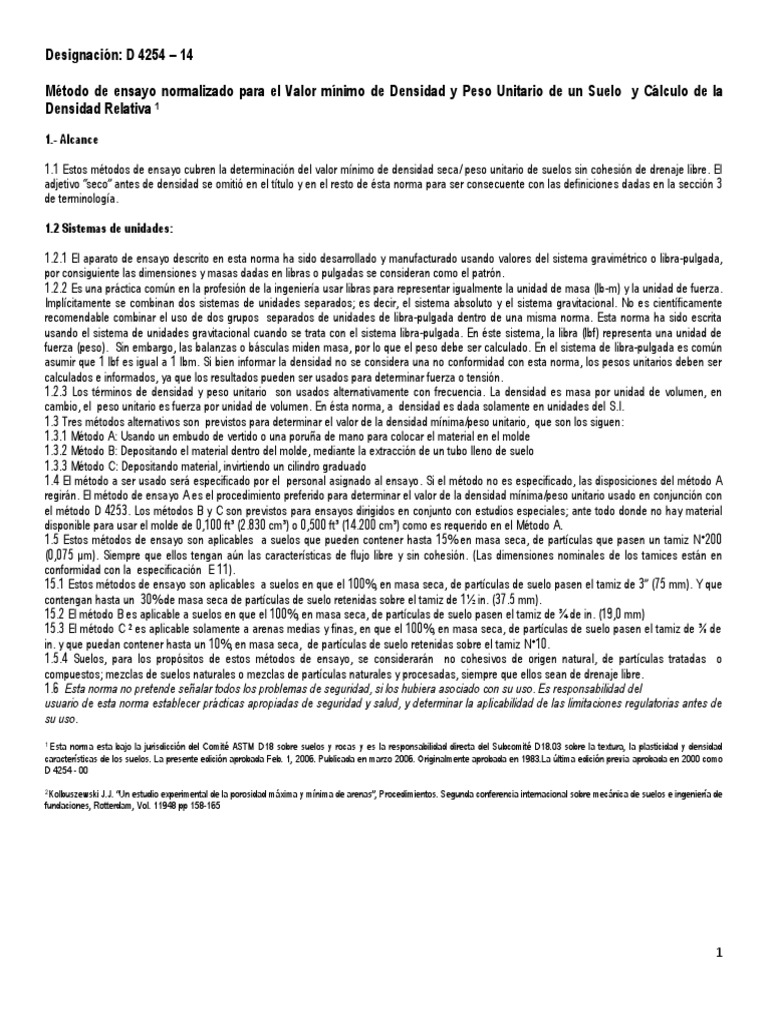 ASTM D 4254 - 14 Traducción Densidad Mínima | PDF | Densidad | Peso