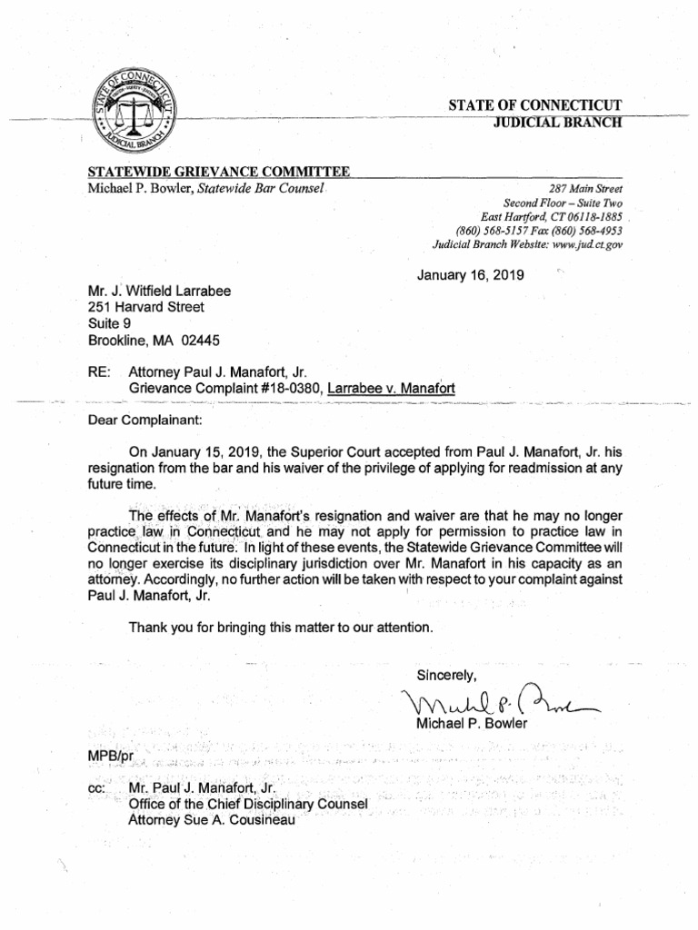 Letter From Connecticut Judiciary Confirming Paul Manafort Disbarment ...