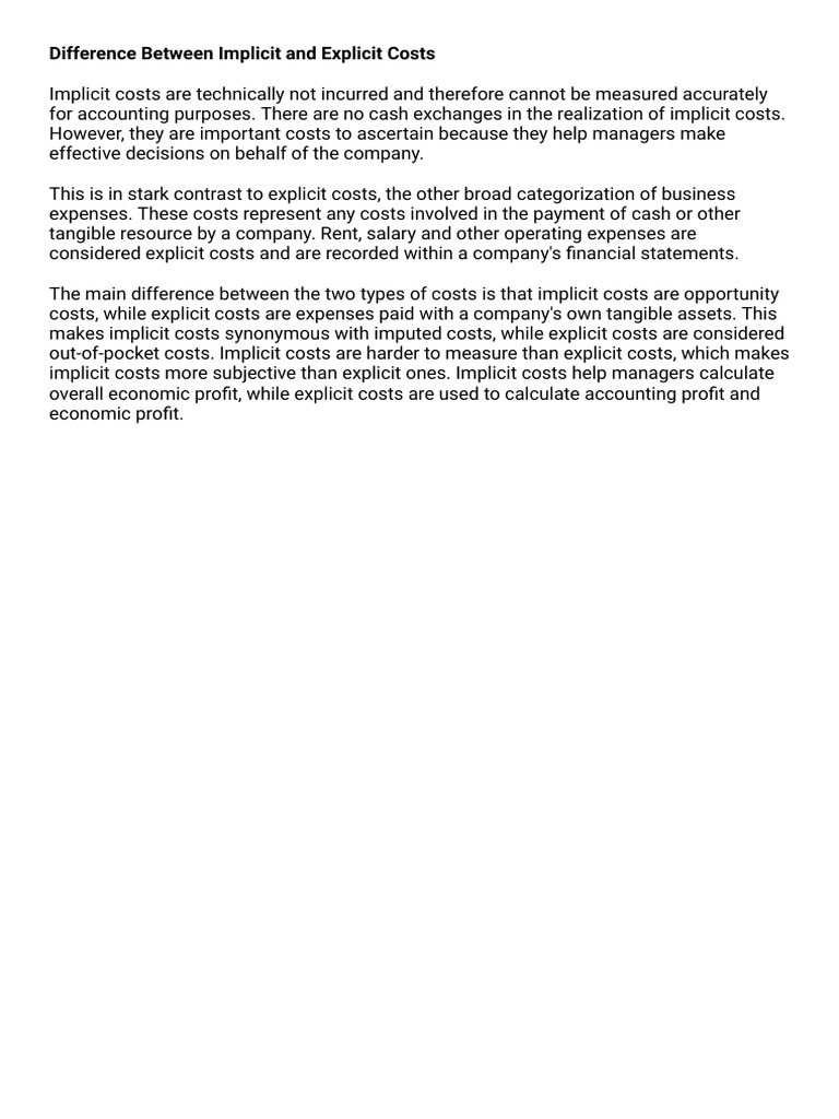 Difference Between Implicit and Explicit Costs | PDF | Finance & Money ...