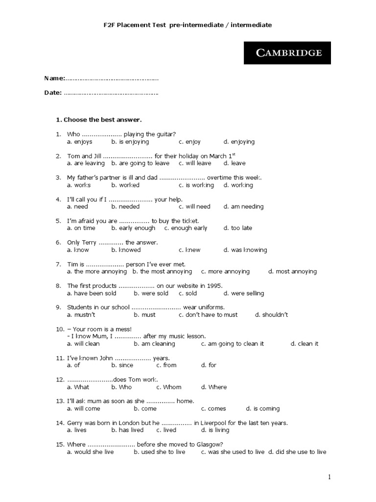 f2f Placement Test | PDF | Leisure