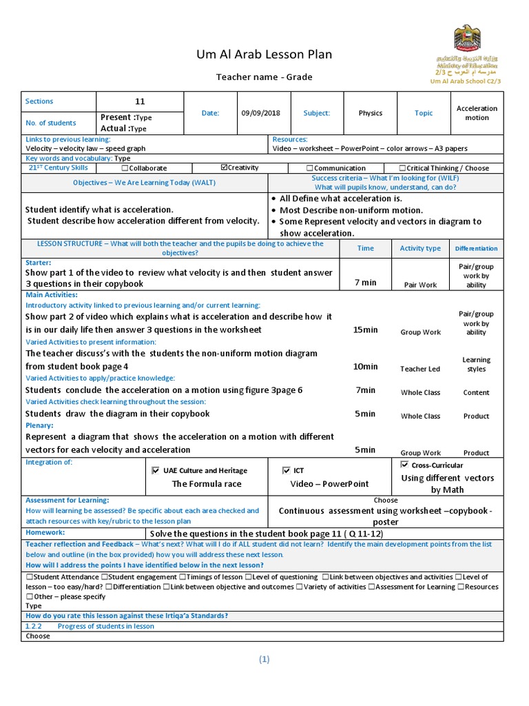 Um Al Arab Lesson Plan: Teacher Name - Grade | PDF | Acceleration ...
