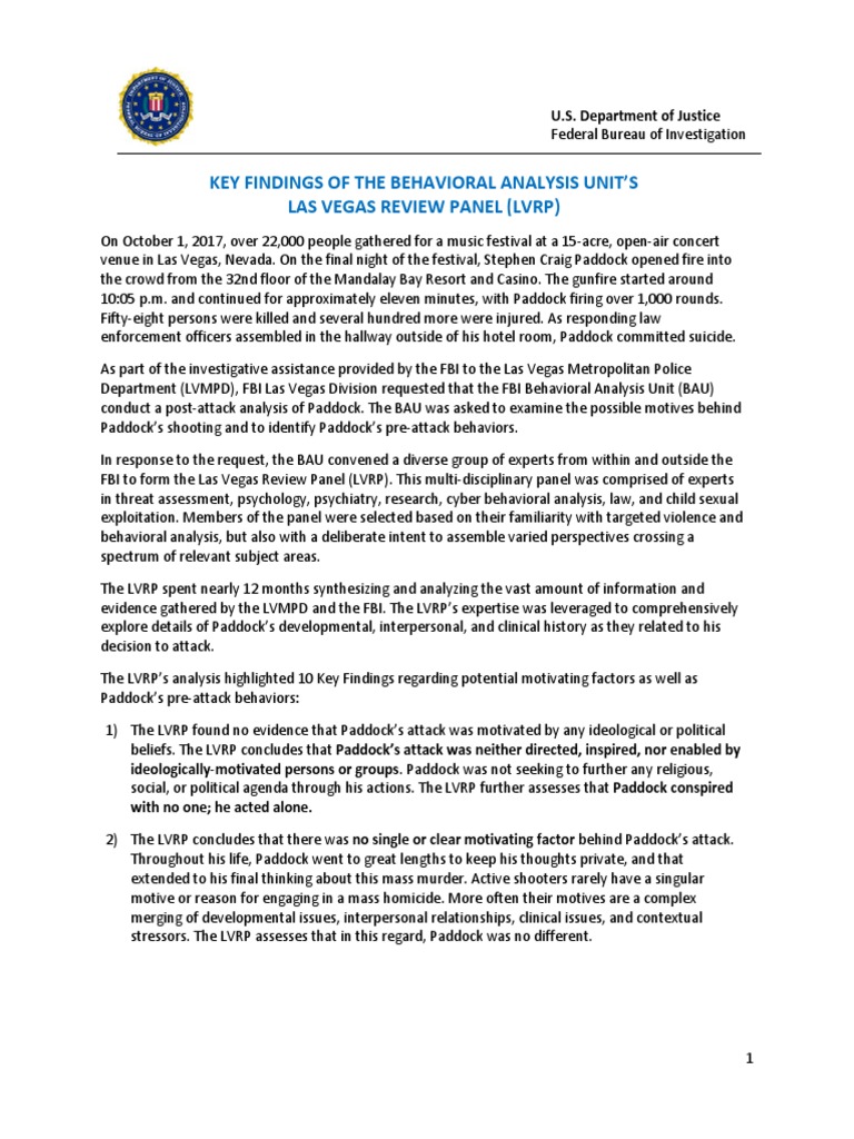 Key Findings of The Behavioral Analysis Unit'S Las Vegas Review Panel ...