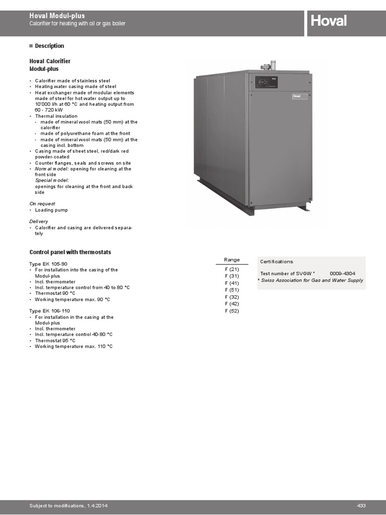 Hoval Modul-Plus Calorifier Overview | PDF | Thermostat | Water Heating