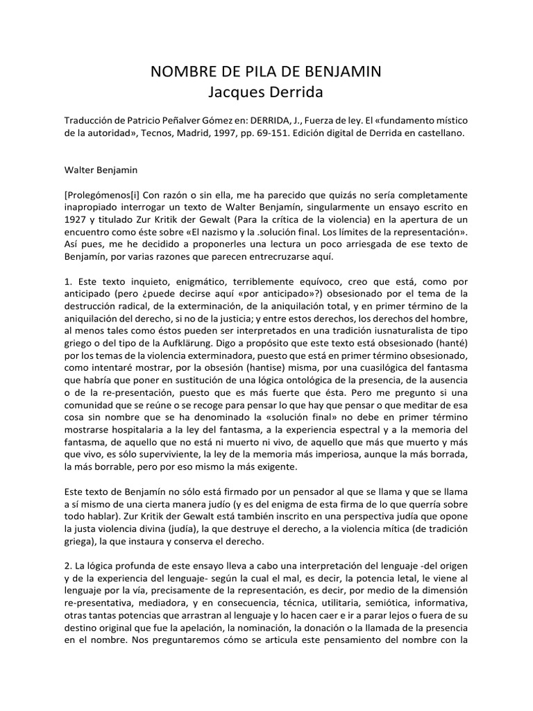 Derrida - Nombre de Pila Benjamin | PDF | La Ley natural | Violencia