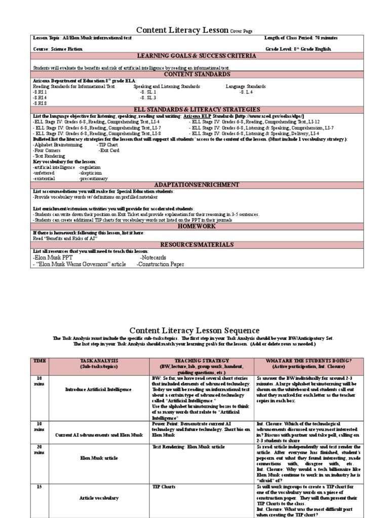 Content Literacy Lesson: Learning Goals & Success Criteria Content ...