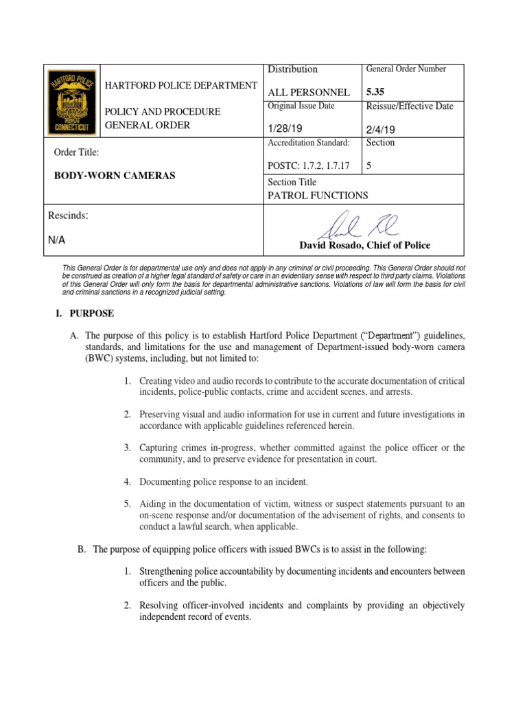 HPD BWC Policy | PDF | Body Worn Video | Police Officer