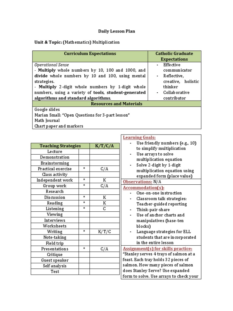 Math Lesson Plan - Multiplication | PDF | Lesson Plan | Neuropsychology
