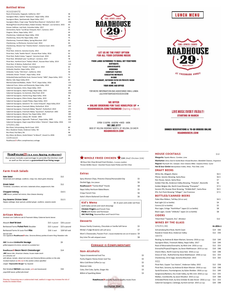 Roadhouse29 Lunch Menu Overview | PDF | Napa Valley Ava | Salad