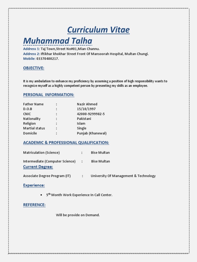 Curriculum Vitae Muhammad Talha: Objective | PDF
