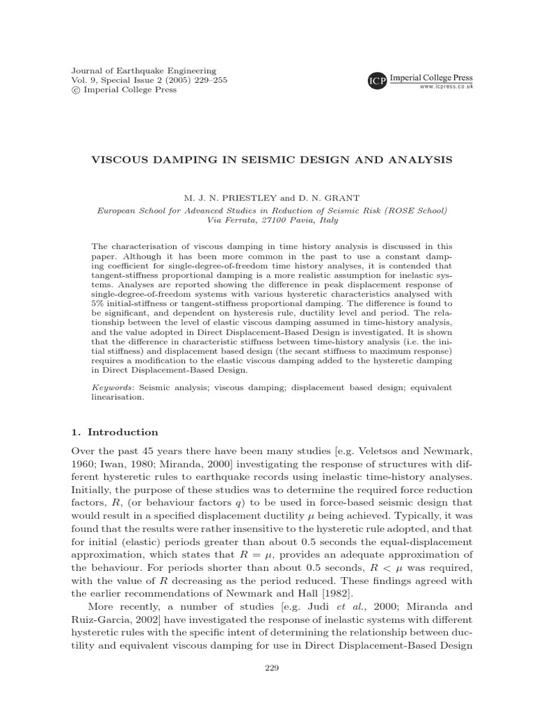 Priestley-Grant - 2005 - Viscous Damping in Seismic Design and Analysis | PDF | Hysteresis ...