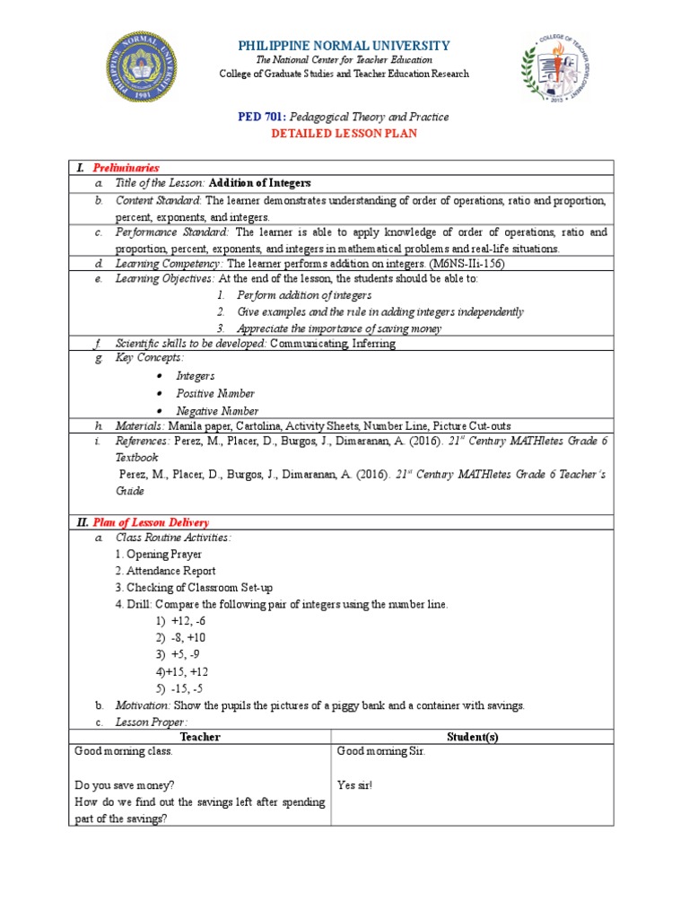 Lesson Plan: Adding Integers | PDF | Lesson Plan | Pedagogy