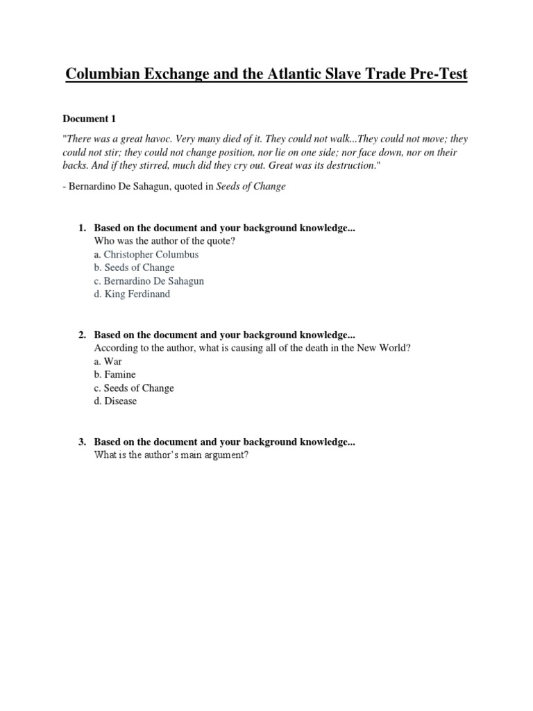 Columbian Exchange and The Atlantic Slave Trade Pre Test | PDF ...