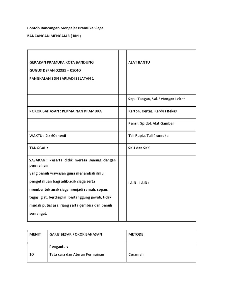 Contoh Rancangan Mengajar Pramuka Siaga | PDF