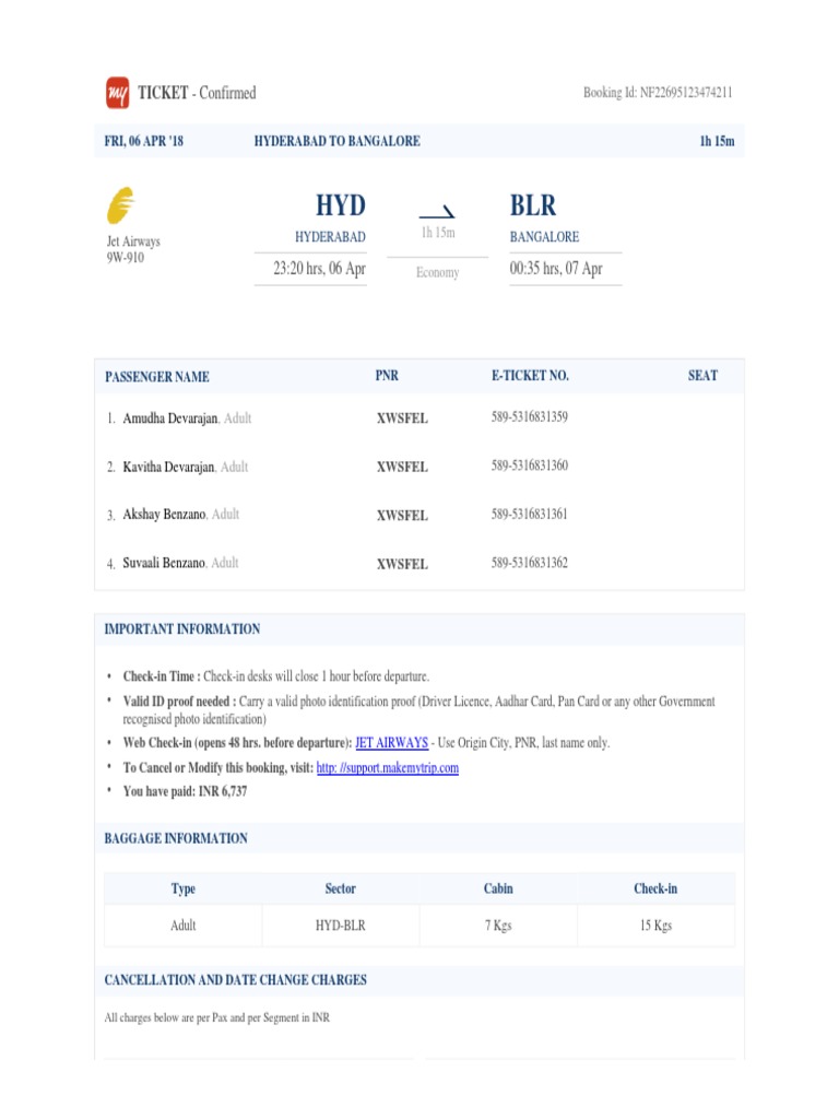 HYD BLR: TICKET - Confirmed | PDF | Identity Document | Aviation