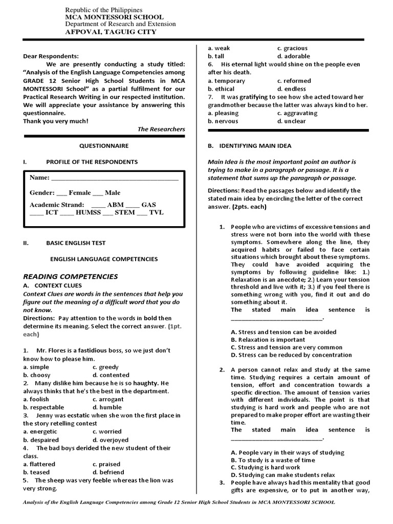 English Competency Analysis for Grade 12 | PDF | Incandescent Light ...