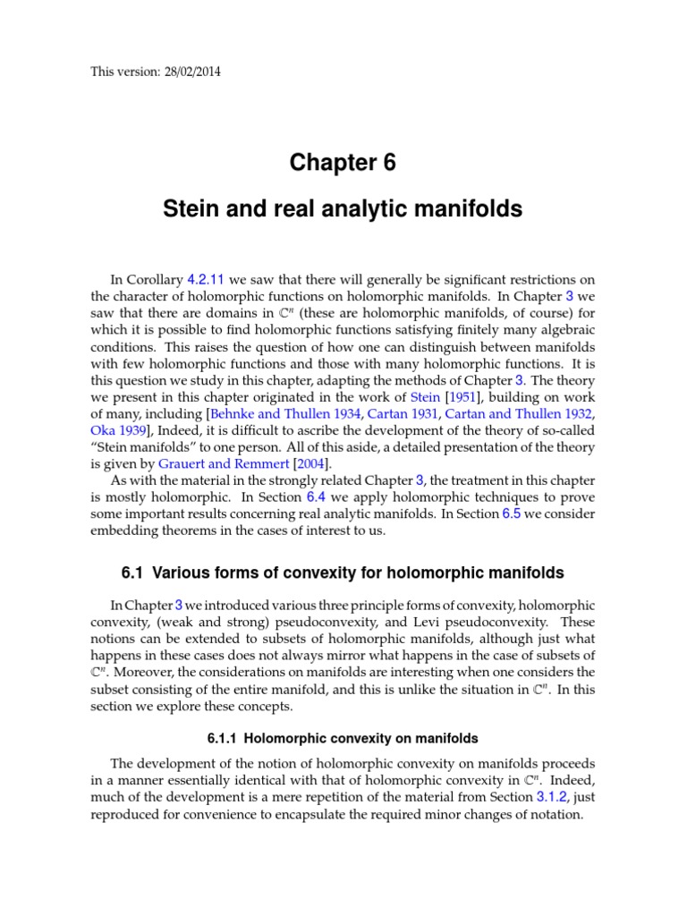 Stein and Real Analytic Manifolds | PDF | Holomorphic Function | Manifold