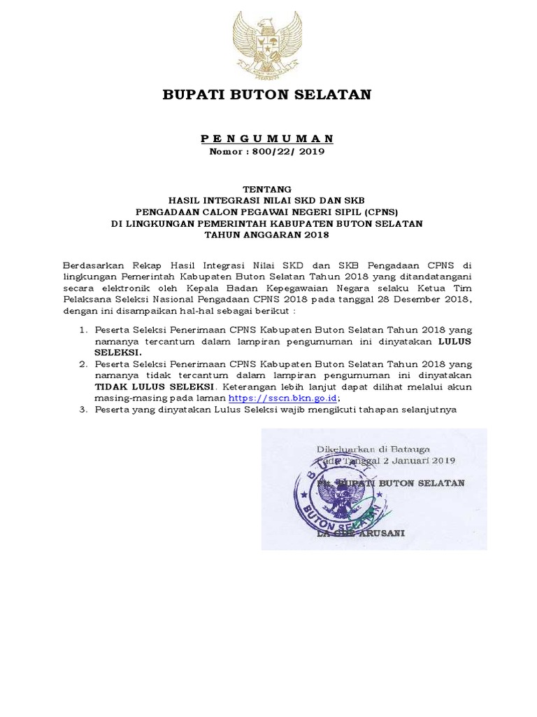 Pengumuman Hasil Integrasi SDK-SKB Kab. Buton Selatan Cpns 2018 | PDF