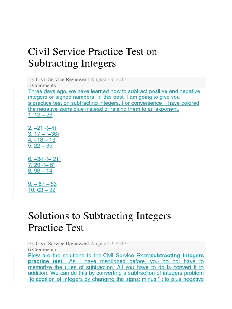 Civil Service Practice Test On Subtracting Integers: by - August 18 ...