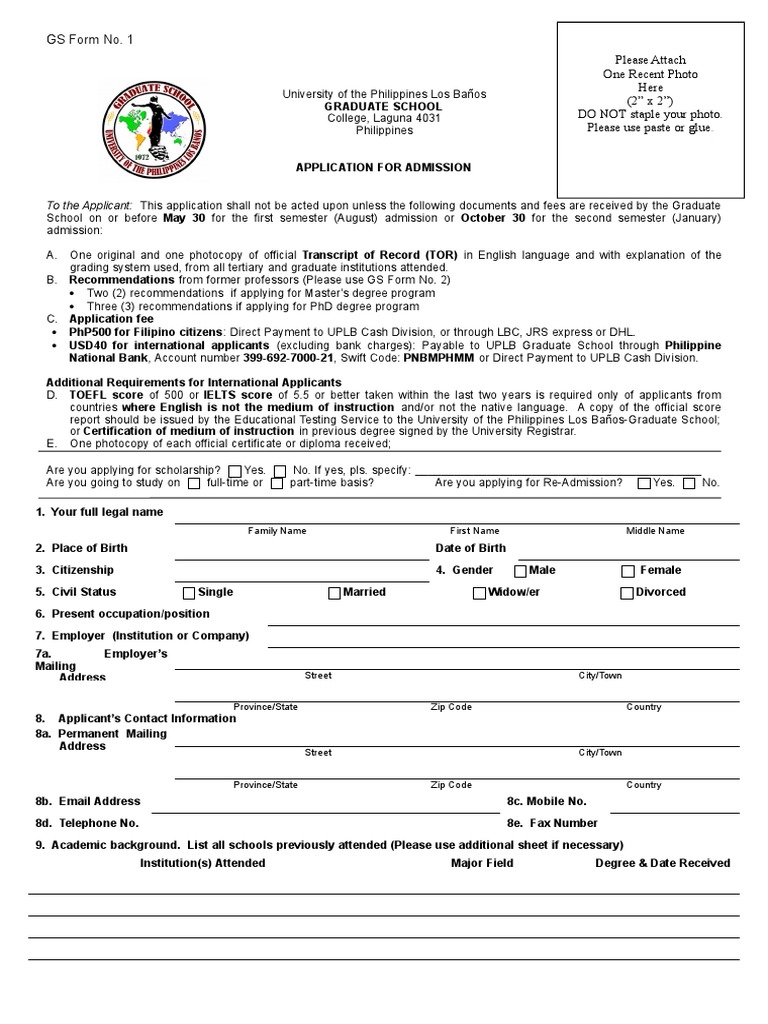 UPLB Graduate School Admission Application | PDF | Forestry | Master's ...