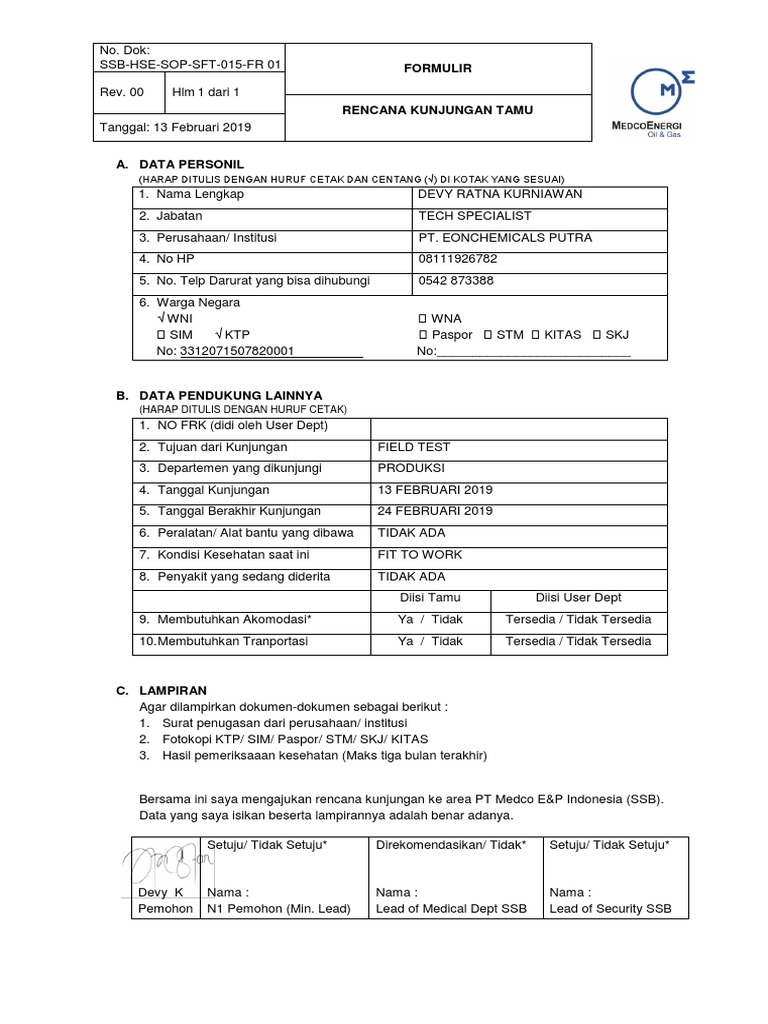 SSB-HSE-SOP-SFT-015-FR 01 Formulir Rencana Kunjungan Tamu | PDF