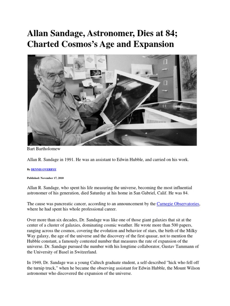 Allan Sandage, Astronomer, Dies at 84 Charted Cosmos's Age and ...