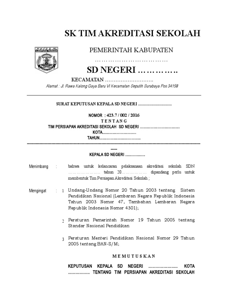 Contoh SK Tim Akreditasi Sekolah 2018 - 2019 Terbaru | PDF