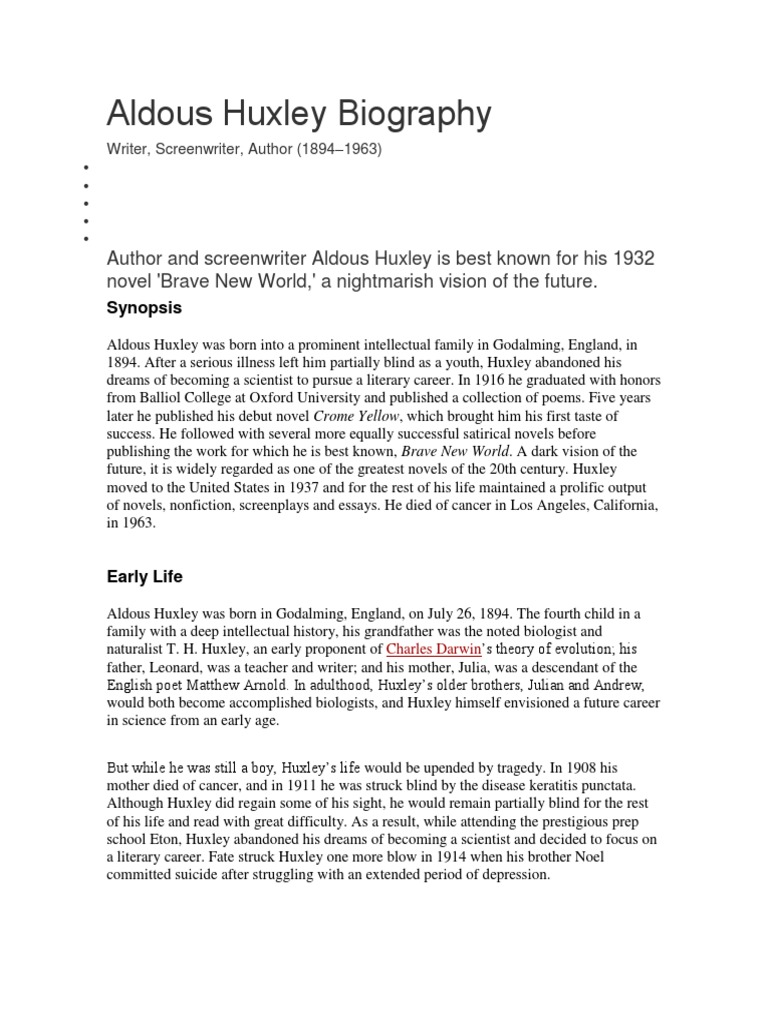 Aldous Huxley Biography | PDF